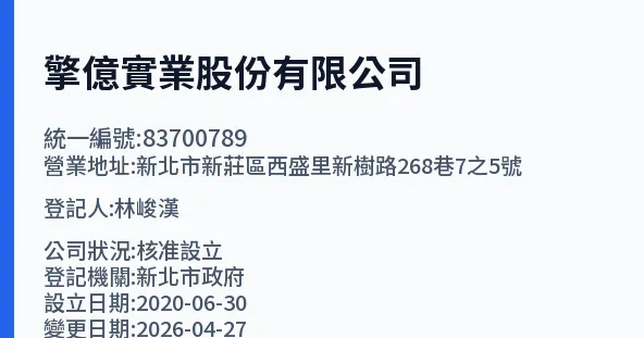 擎億實業股份有限公司的照片-統編 83700789(新北市) 公司登記資料與營業項目詳細圖表