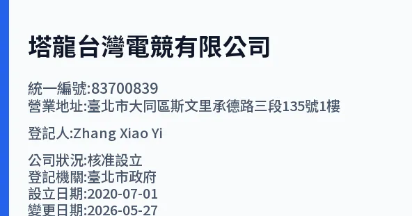 塔龍台灣電競有限公司的照片-統編 83700839(臺北市) 公司登記資料與營業項目詳細圖表