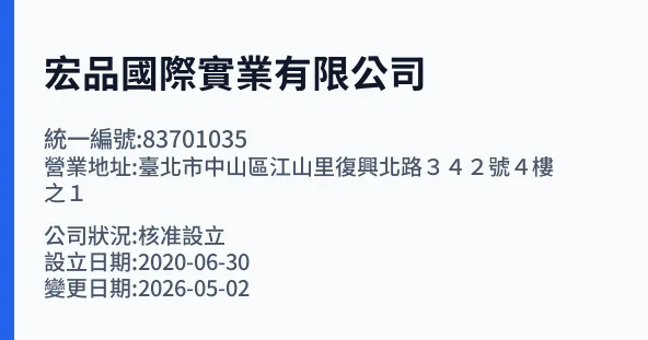 宏品國際實業有限公司的照片-統編 83701035(臺北市) 公司登記資料與營業項目詳細圖表