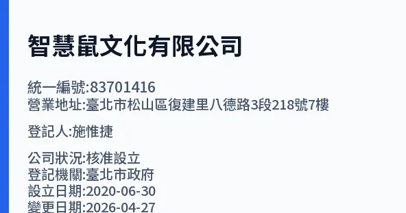 智慧鼠文化有限公司的照片-統編 83701416(臺北市) 公司登記資料與營業項目詳細圖表