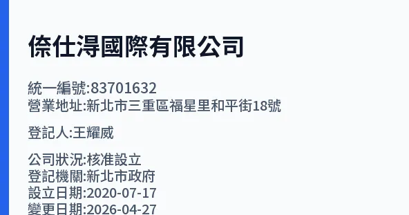 倷仕淂國際有限公司的照片-統編 83701632(新北市) 公司登記資料與營業項目詳細圖表