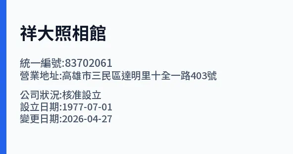 祥大照相館的照片-統編 83702061(高雄市) 公司登記資料與營業項目詳細圖表