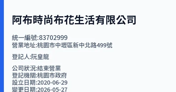 阿布時尚布花生活有限公司的照片-統編 83702999(桃園市) 公司登記資料與營業項目詳細圖表