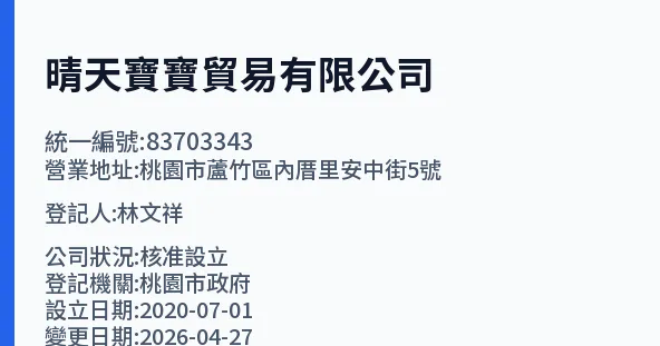 晴天寶寶貿易有限公司的照片-統編 83703343(桃園市) 公司登記資料與營業項目詳細圖表