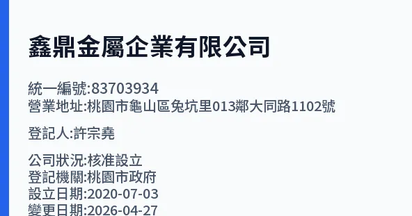 鑫鼎金屬企業有限公司的照片-統編 83703934(桃園市) 公司登記資料與營業項目詳細圖表