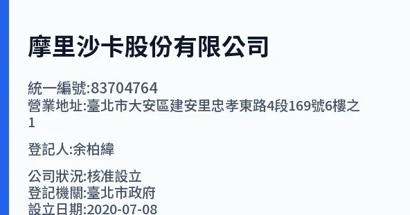 摩里沙卡股份有限公司的照片-統編 83704764(臺北市) 公司登記資料與營業項目詳細圖表