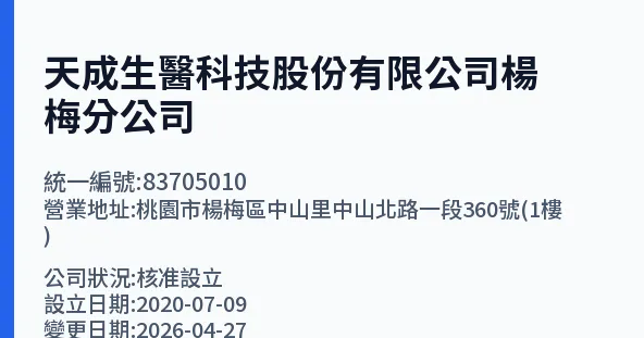 天成生醫科技股份有限公司楊梅分公司的照片-統編 83705010(桃園市) 公司登記資料與營業項目詳細圖表