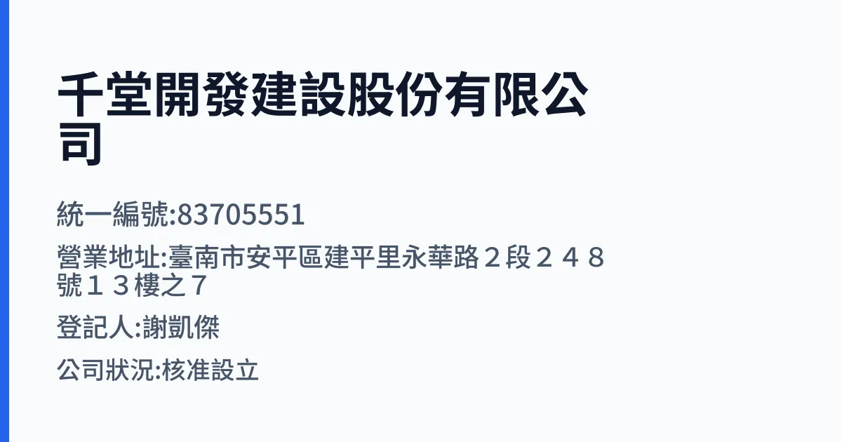 千堂開發建設股份有限公司 - 統編 83705551(臺南市) 公司登記資料與營業項目詳細圖表