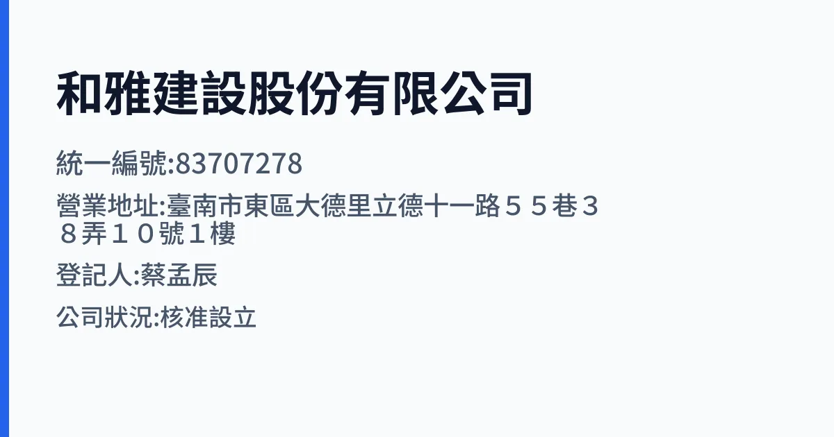 和雅建設股份有限公司 - 統編 83707278(臺南市) 公司登記資料與營業項目詳細圖表