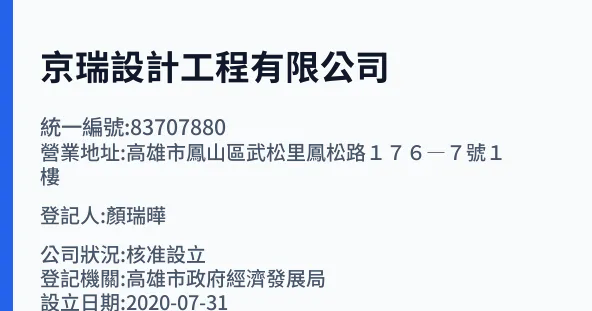 京瑞設計工程有限公司的照片-統編 83707880(高雄市) 公司登記資料與營業項目詳細圖表