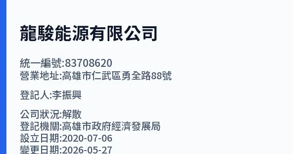 龍駿能源有限公司的照片-統編 83708620(高雄市) 公司登記資料與營業項目詳細圖表
