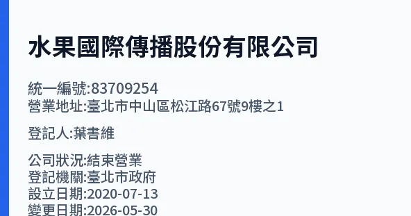 水果國際傳播股份有限公司的照片-統編 83709254(臺北市) 公司登記資料與營業項目詳細圖表