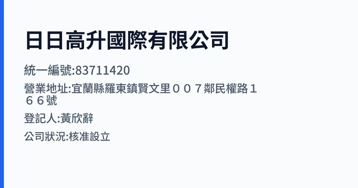 日日高升國際有限公司 - 統編 83711420(宜蘭縣) 公司登記資料與營業項目詳細圖表