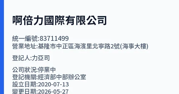 啊倍力國際有限公司的照片-統編 83711499(基隆市) 公司登記資料與營業項目詳細圖表