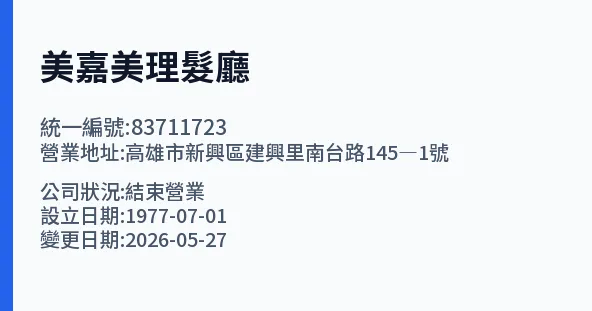 美嘉美理髮廳的照片-統編 83711723(高雄市) 公司登記資料與營業項目詳細圖表