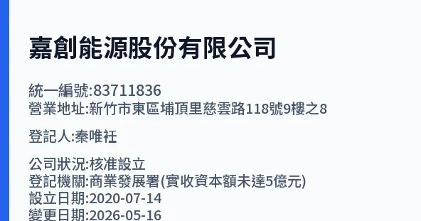 嘉創能源股份有限公司的照片-統編 83711836(新竹市) 公司登記資料與營業項目詳細圖表