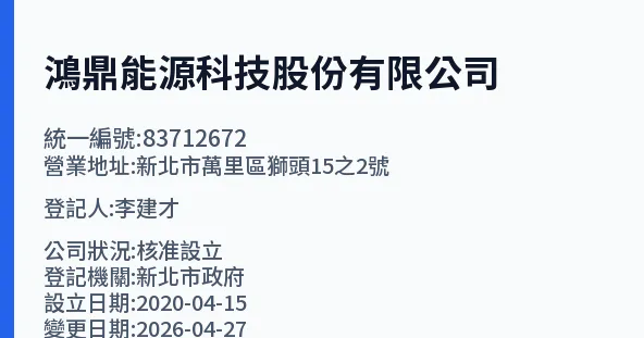 鴻鼎能源科技股份有限公司的照片-統編 83712672(新北市) 公司登記資料與營業項目詳細圖表