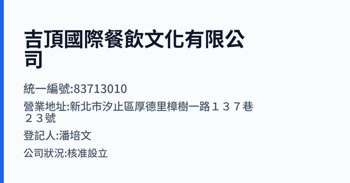 吉頂國際餐飲文化有限公司 - 統編 83713010(新北市) 公司登記資料與營業項目詳細圖表
