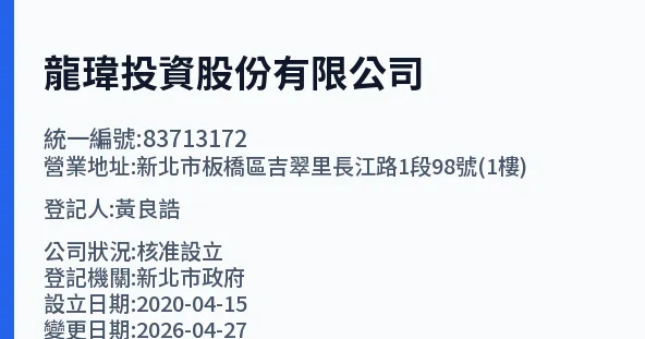 龍瑋投資股份有限公司的照片-統編 83713172(新北市) 公司登記資料與營業項目詳細圖表