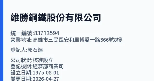 維勝鋼鐵股份有限公司的照片-統編 83713594(高雄市) 公司登記資料與營業項目詳細圖表