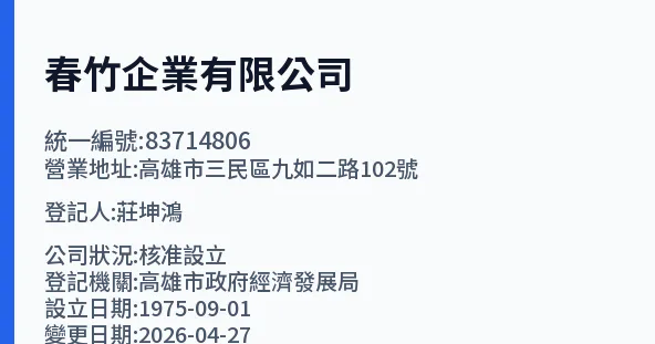 春竹企業有限公司的照片-統編 83714806(高雄市) 公司登記資料與營業項目詳細圖表