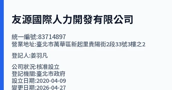 友源國際人力開發有限公司的照片-統編 83714897(臺北市) 公司登記資料與營業項目詳細圖表