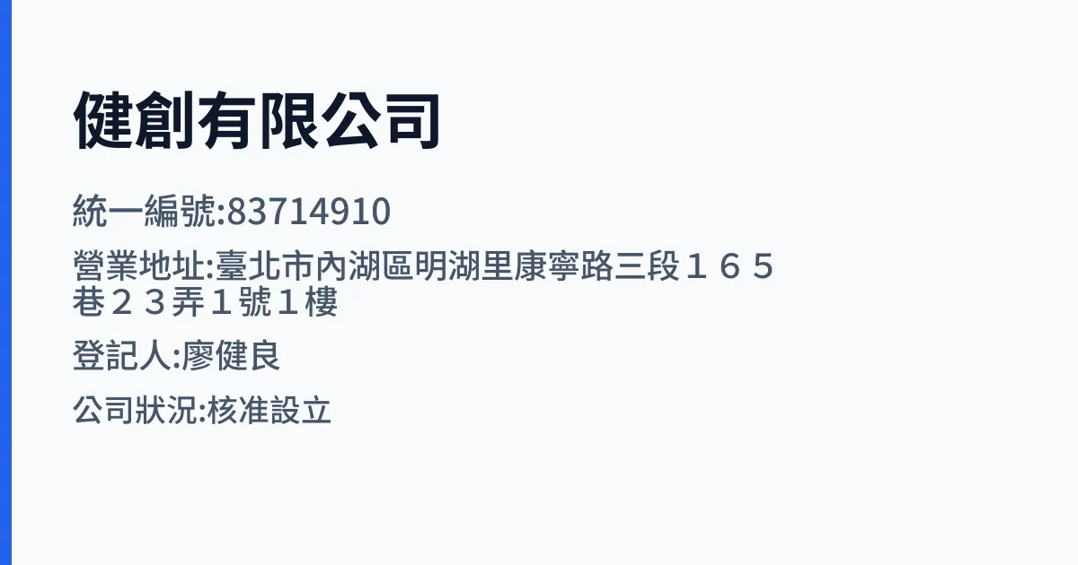 健創有限公司 - 統編 83714910(臺北市) 公司登記資料與營業項目詳細圖表