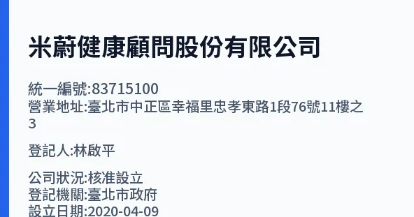米蔚健康顧問股份有限公司的照片-統編 83715100(臺北市) 公司登記資料與營業項目詳細圖表