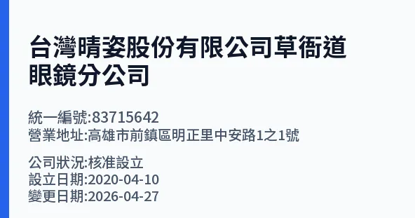 台灣晴姿股份有限公司草衙道眼鏡分公司的照片-統編 83715642(高雄市) 公司登記資料與營業項目詳細圖表