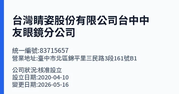 台灣睛姿股份有限公司台中中友眼鏡分公司的照片-統編 83715657(臺中市) 公司登記資料與營業項目詳細圖表