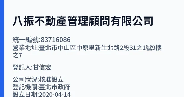 八振不動產管理顧問有限公司的照片-統編 83716086(臺北市) 公司登記資料與營業項目詳細圖表
