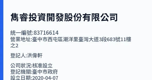 雋睿投資開發股份有限公司的照片-統編 83716614(臺中市) 公司登記資料與營業項目詳細圖表