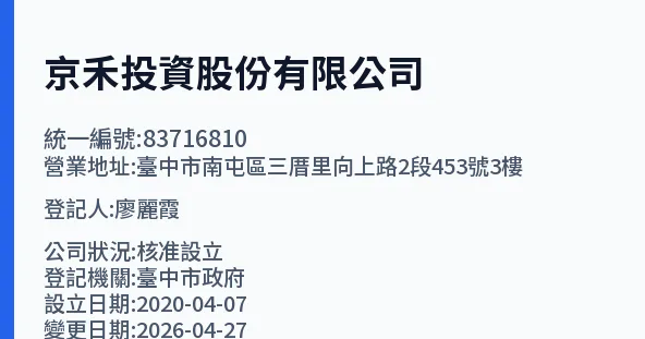 京禾投資股份有限公司的照片-統編 83716810(臺中市) 公司登記資料與營業項目詳細圖表