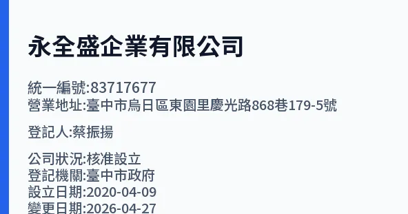 永全盛企業有限公司的照片-統編 83717677(臺中市) 公司登記資料與營業項目詳細圖表