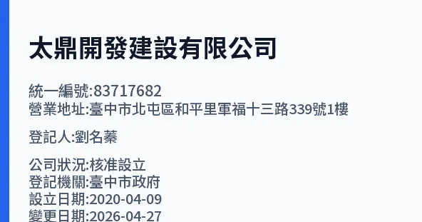 太鼎開發建設有限公司的照片-統編 83717682(臺中市) 公司登記資料與營業項目詳細圖表