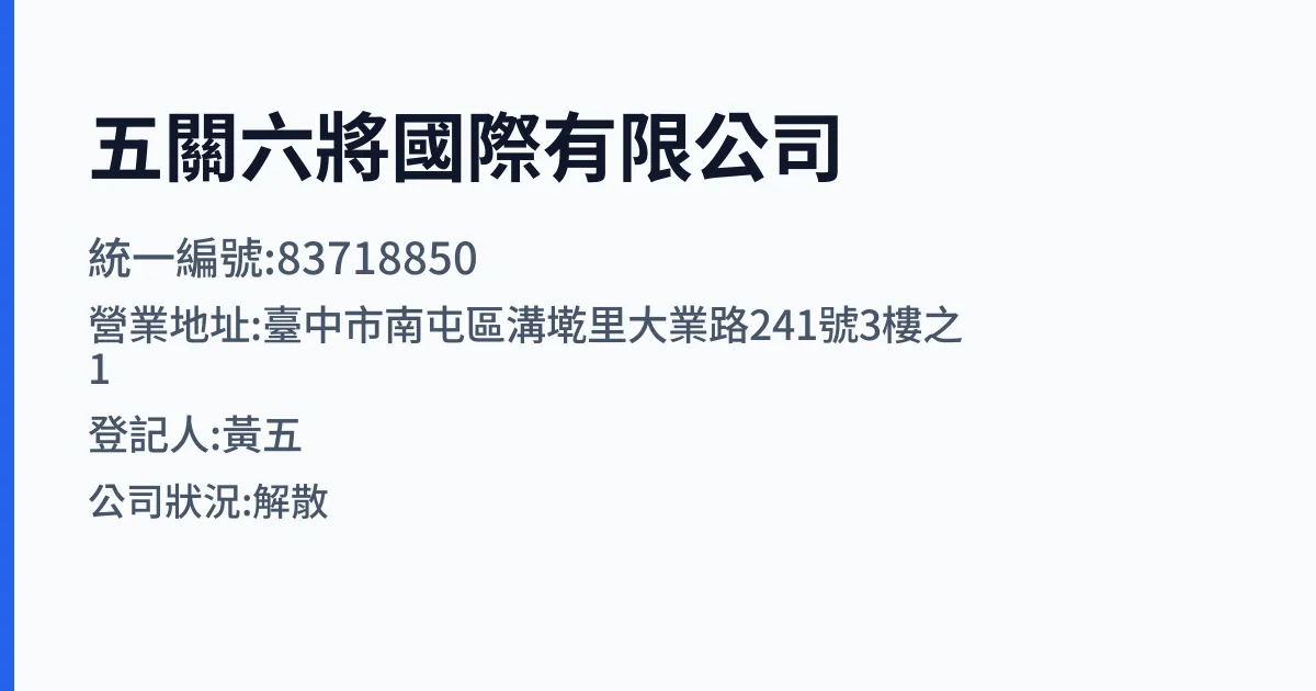 五關六將國際有限公司 - 統編 83718850(臺中市) 公司登記資料與營業項目詳細圖表