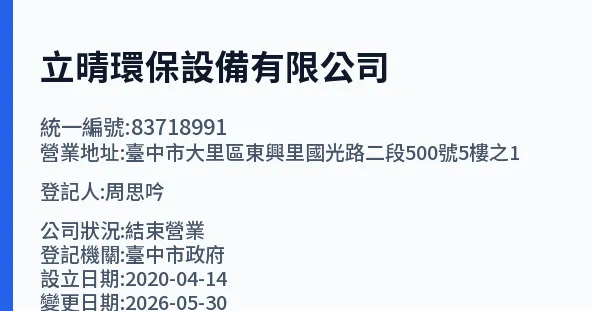 立晴環保設備有限公司的照片-統編 83718991(臺中市) 公司登記資料與營業項目詳細圖表