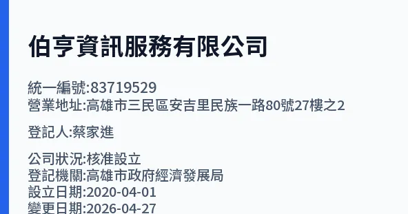 伯亨資訊服務有限公司的照片-統編 83719529(高雄市) 公司登記資料與營業項目詳細圖表
