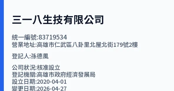 三一八生技有限公司的照片-統編 83719534(高雄市) 公司登記資料與營業項目詳細圖表