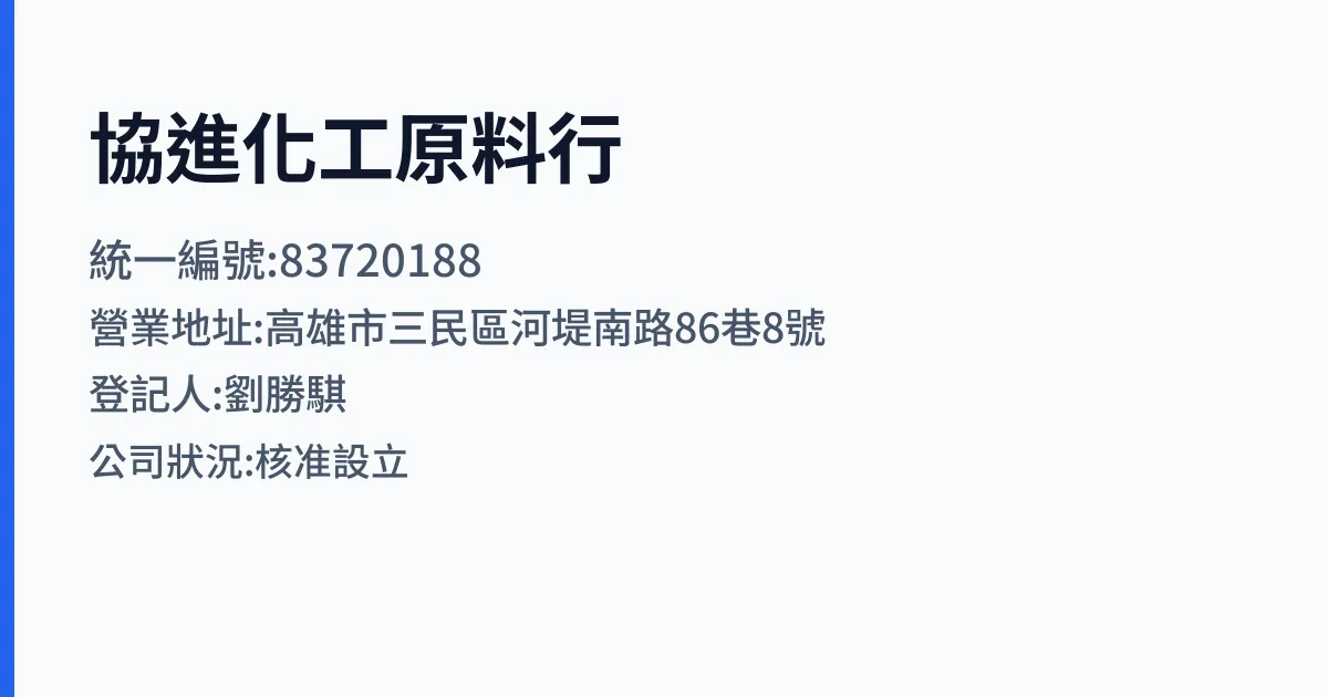 協進化工原料行 - 統編 83720188(高雄市) 公司登記資料與營業項目詳細圖表