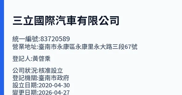 三立國際汽車有限公司的照片-統編 83720589(臺南市) 公司登記資料與營業項目詳細圖表