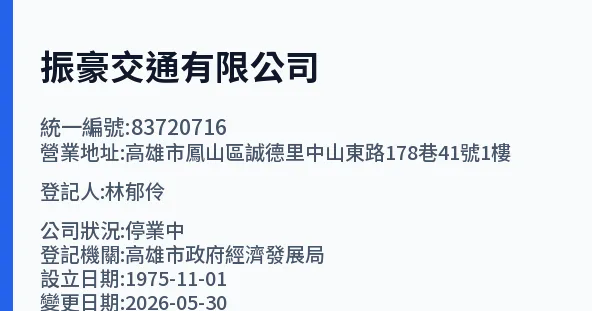 振豪交通有限公司的照片-統編 83720716(高雄市) 公司登記資料與營業項目詳細圖表