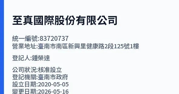 至真國際股份有限公司的照片-統編 83720737(臺南市) 公司登記資料與營業項目詳細圖表