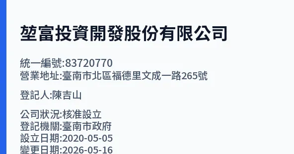 堃富投資開發股份有限公司的照片-統編 83720770(臺南市) 公司登記資料與營業項目詳細圖表
