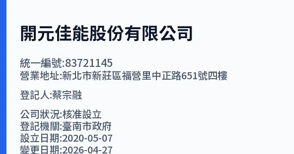 開元佳能股份有限公司的照片-統編 83721145(新北市) 公司登記資料與營業項目詳細圖表