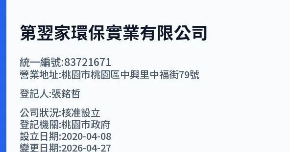 第翌家環保實業有限公司的照片-統編 83721671(桃園市) 公司登記資料與營業項目詳細圖表