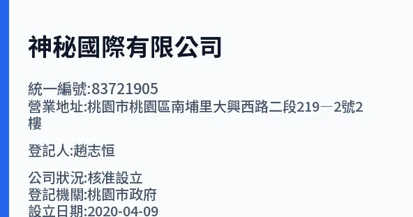 神秘國際有限公司的照片-統編 83721905(桃園市) 公司登記資料與營業項目詳細圖表