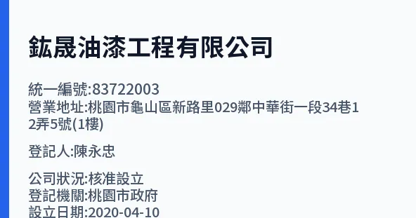 鈜晟油漆工程有限公司的照片-統編 83722003(桃園市) 公司登記資料與營業項目詳細圖表