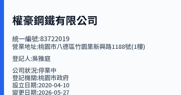 權豪鋼鐵有限公司的照片-統編 83722019(桃園市) 公司登記資料與營業項目詳細圖表