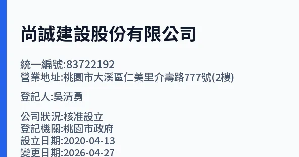 尚誠建設股份有限公司的照片-統編 83722192(桃園市) 公司登記資料與營業項目詳細圖表